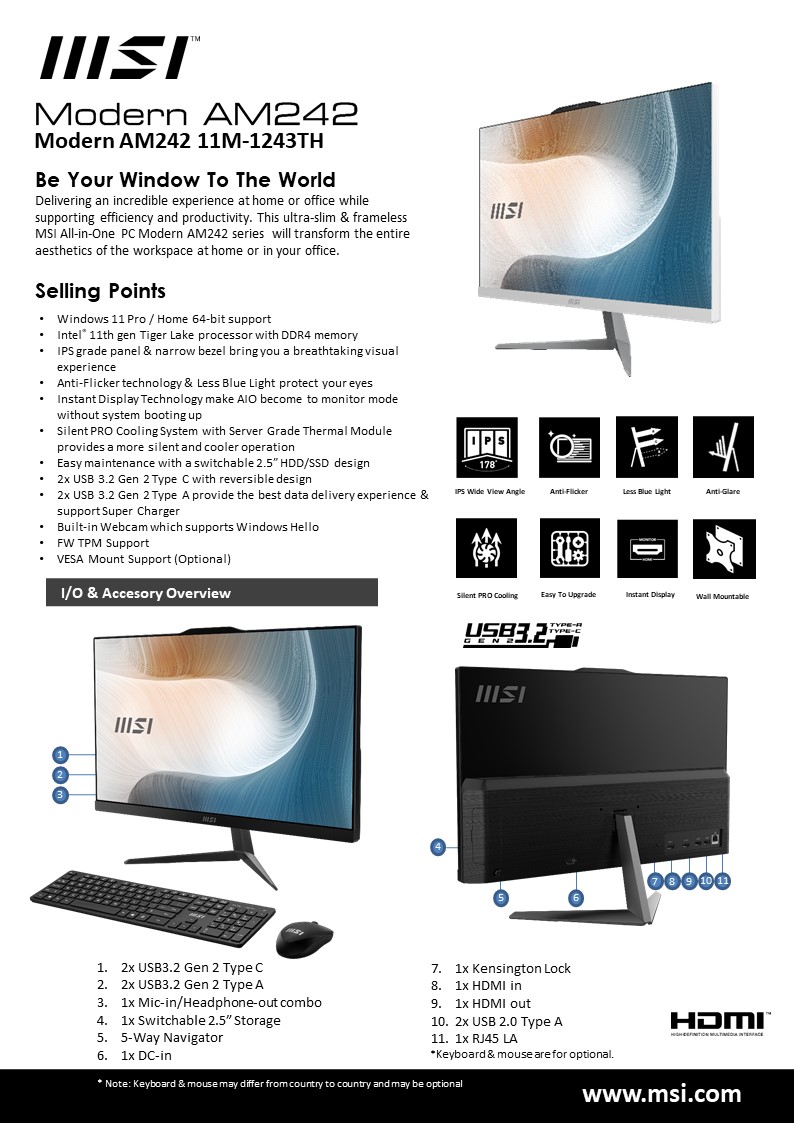 ขาย MSI ALL IN ONE PC MODERN AM242 11M-1243TH ราคา 29,900.00 บาท