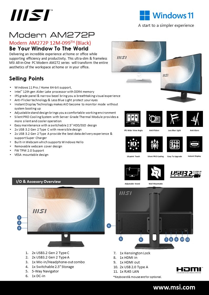 ขาย MSI ALL IN ONE PC MODERN AM272P 12M-099TH - BLACK ราคา 27,900.00 บาท