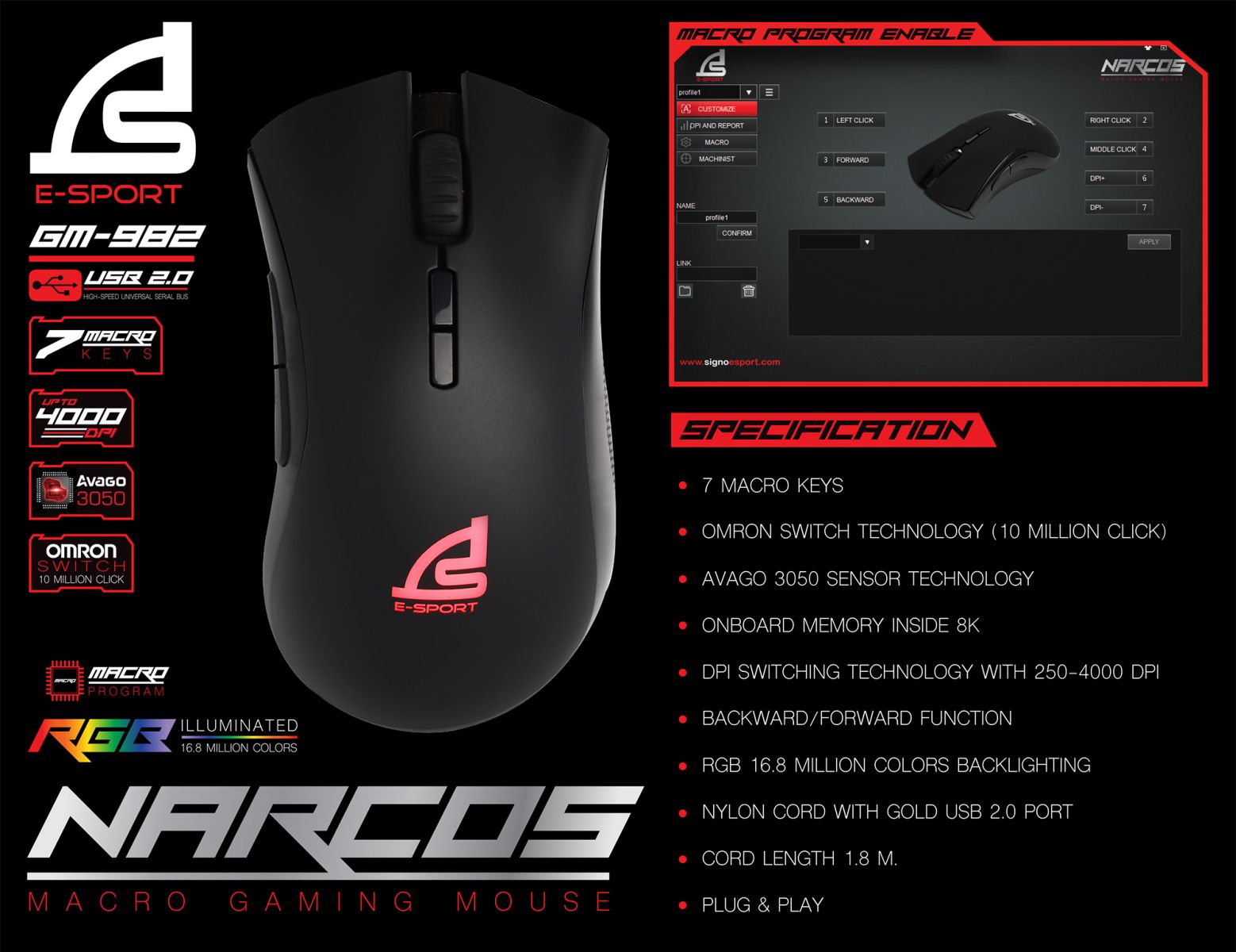 ขาย Signo E-Sport GM-982 NARCOS Macro Gaming Mouse + Mouse Mat Speed ...